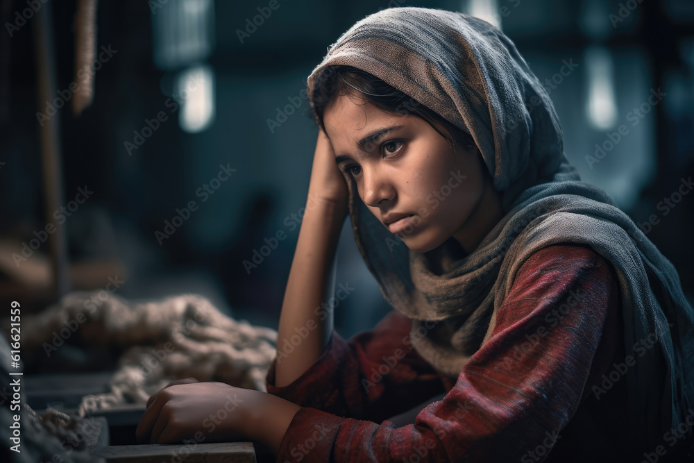Asian child labour in fashion textile industry - young teenage working ...