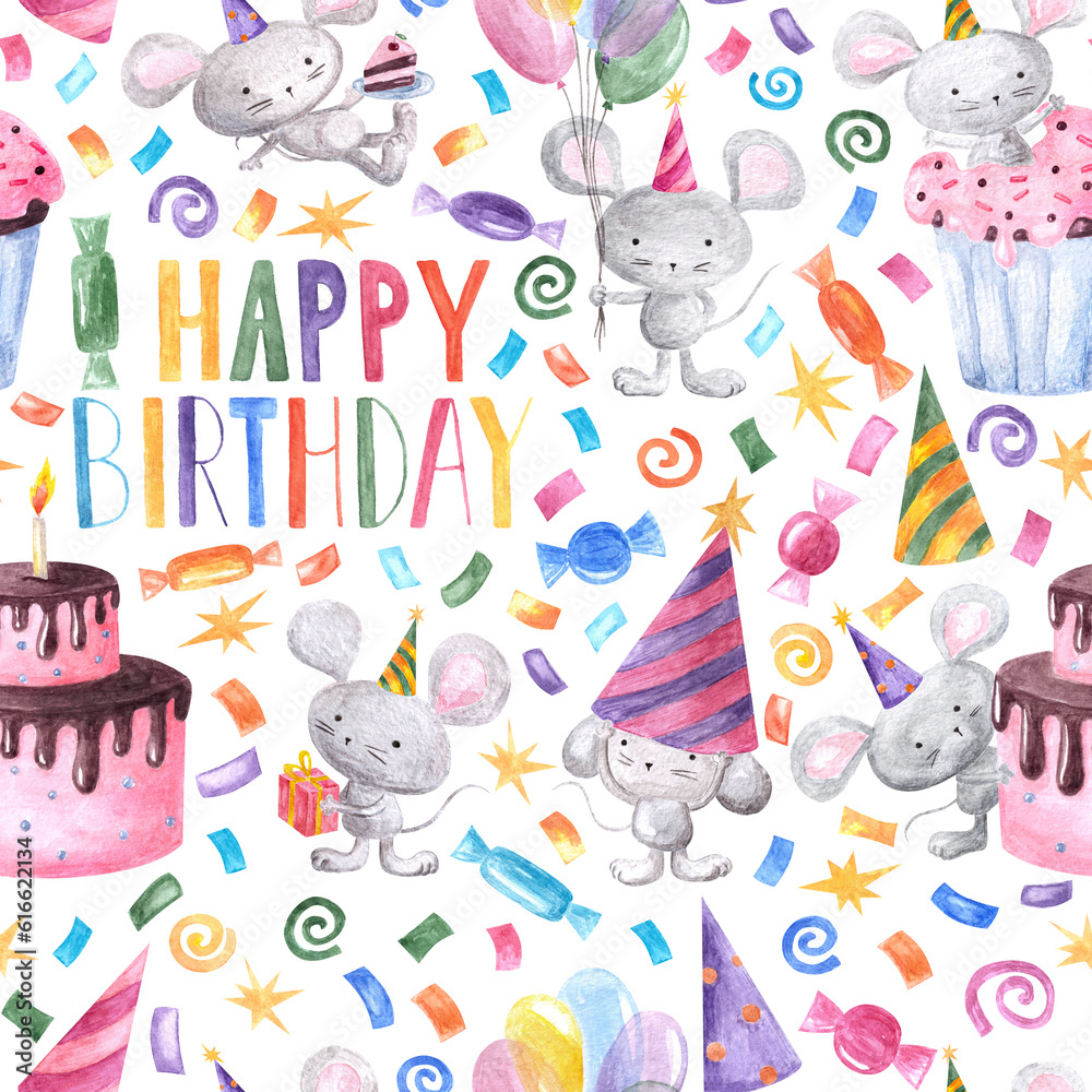 Watercolor seamless pattern cute cartoon mice in party hat,piece of ...