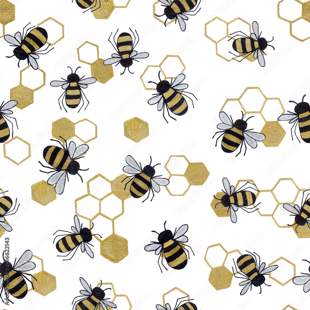 Cute hand drawn line art seamless pattern honey bees with golden ...