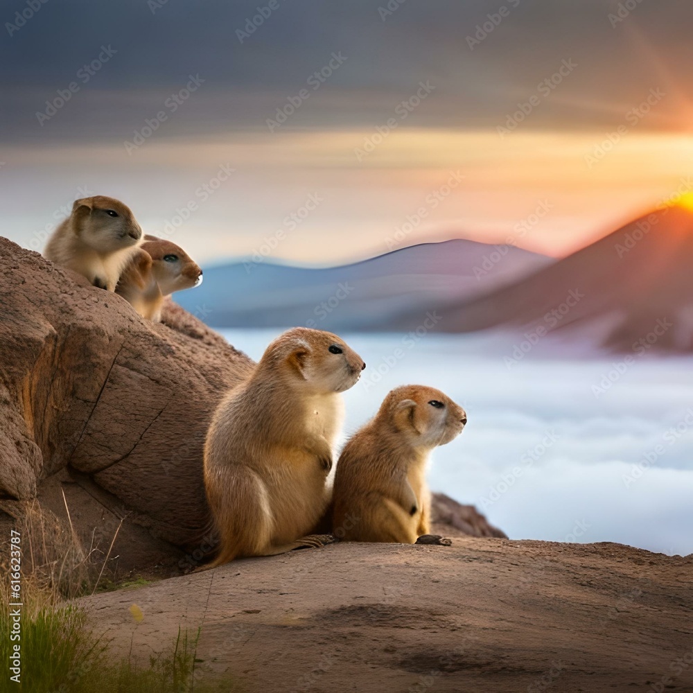 A group of prairie dogs popping in and out of their burrows on the ...