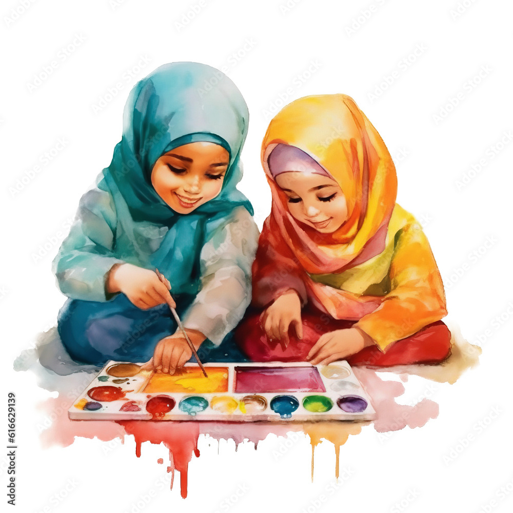Muslim baby drawing, watercolor, PNG background Stock Illustration ...