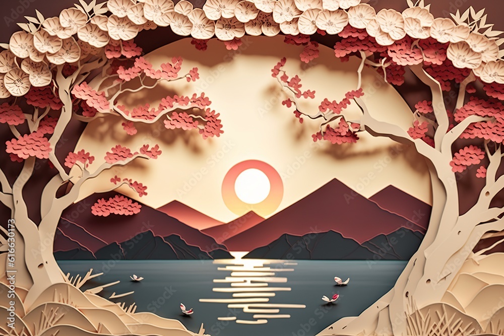 cardboard landscape. sakura tree near the lake on the background of ...