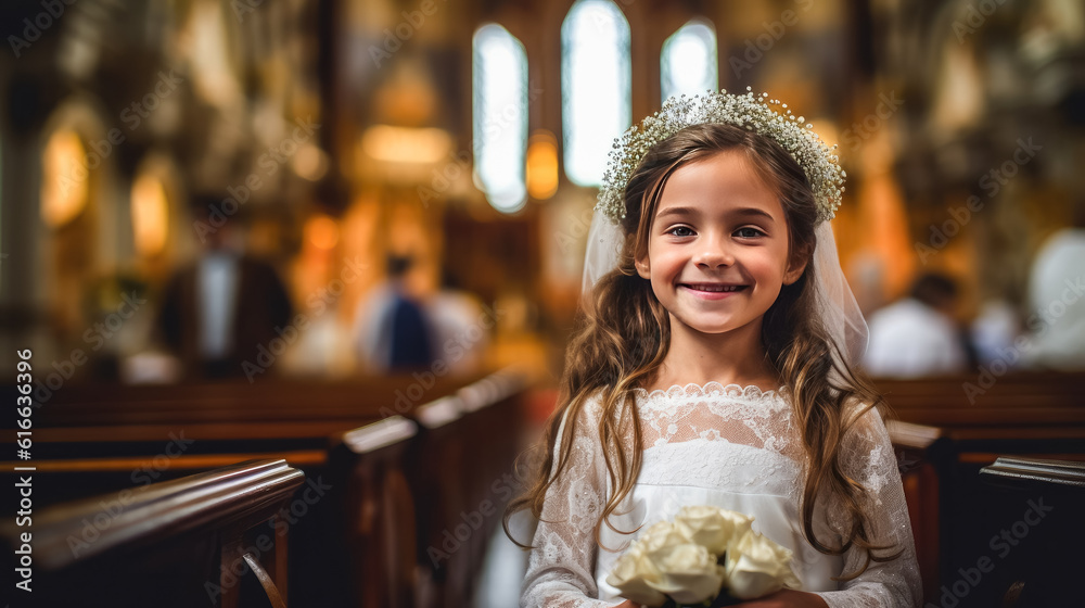 Portrait of pretty girl with first communion dress on church background ...