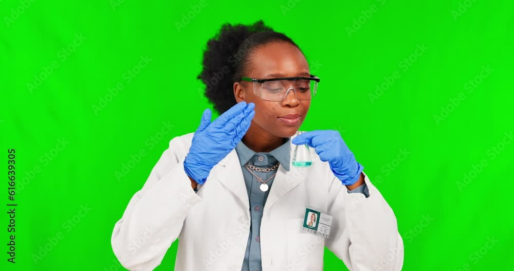 Chemical, green screen and female scientist in a studio smelling a ...