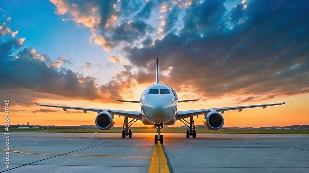 Ilustrace „Jet plane park at runway with beautiful cloud (Ai generated ...