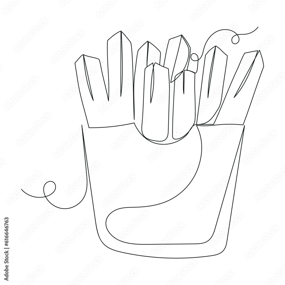 Continuous one line drawing of fried potato. Line art food illustration ...