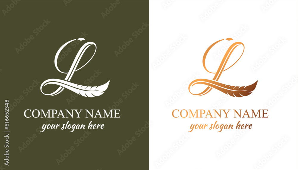 L logo. Letter with feather for writer, blog, newspaper. Personal ...