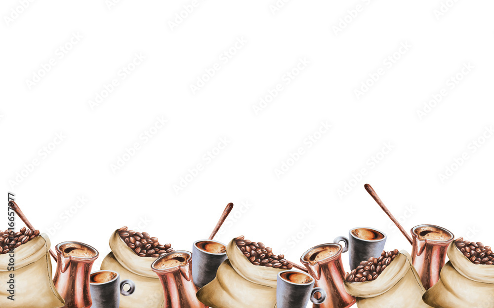 Watercolor seamless border with coffee making tools. Latte, espresso ...