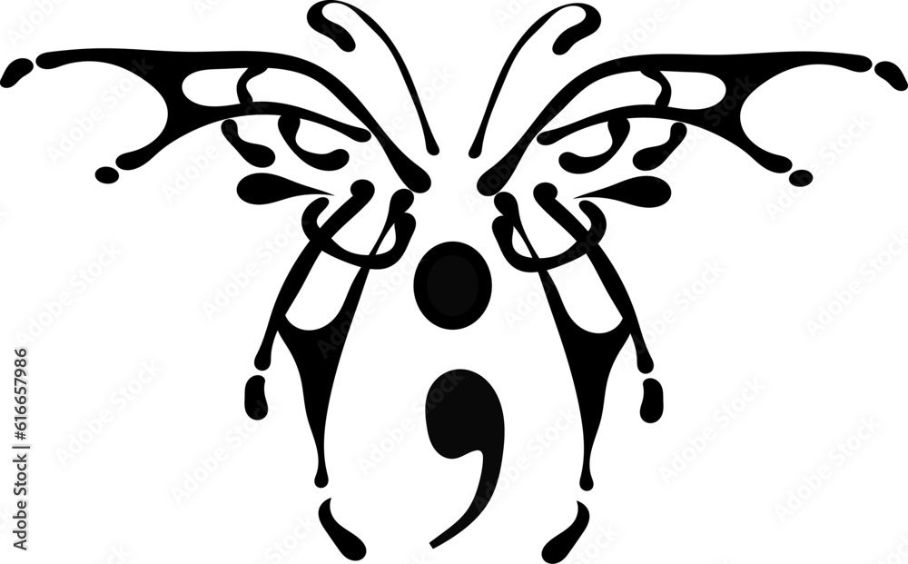 Butterfly wings around a semi colon tattoo design. A vector black line ...