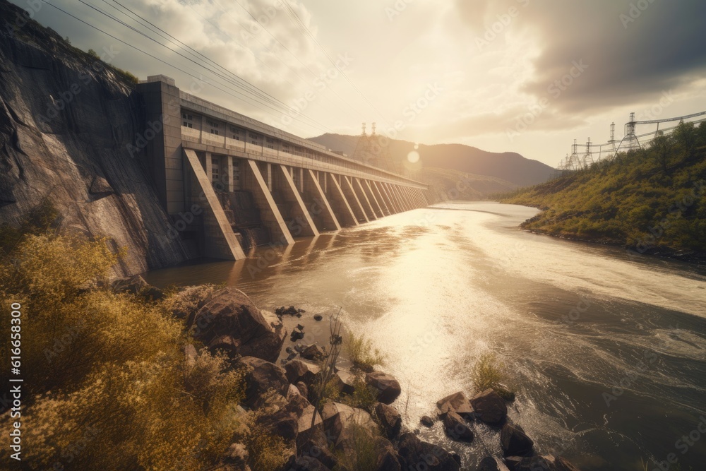 hydroelectric power plant, with view of the dam and reservoir, and sun ...