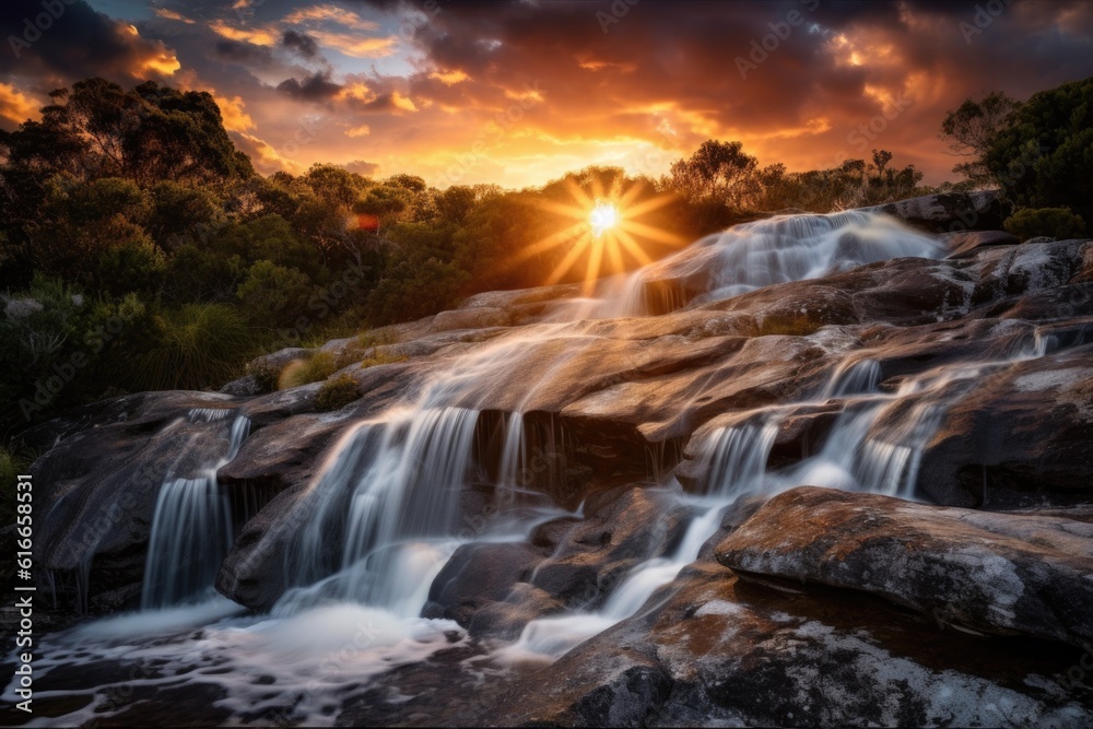 dusk sky with waterfalls and cascades illuminated by the setting sun ...
