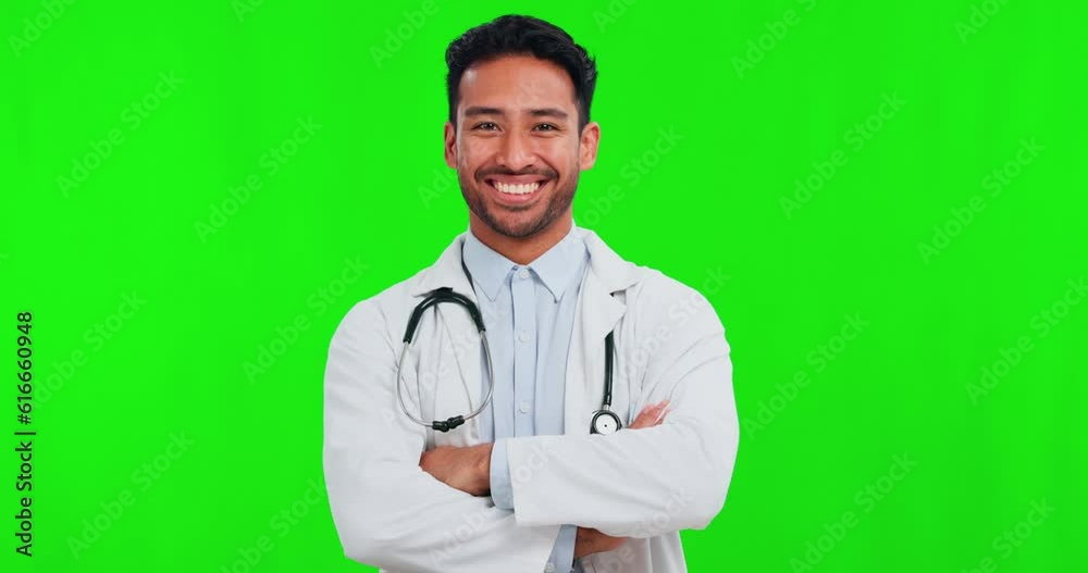 Healthcare, green screen and a doctor man arms crossed on a studio ...