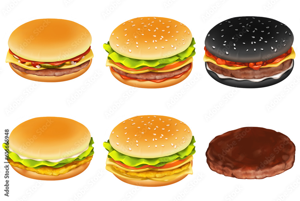 Burgers icon set, craft burgers with cheese, vegetables and tomato, oil ...