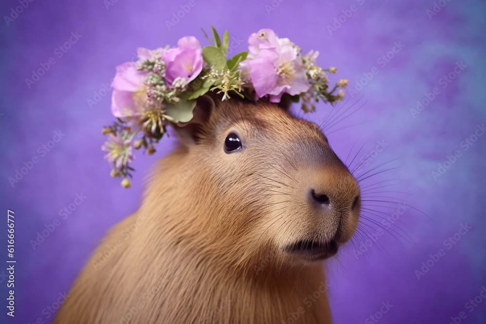 capybara portrait wearing flower crown on a purple background created ...