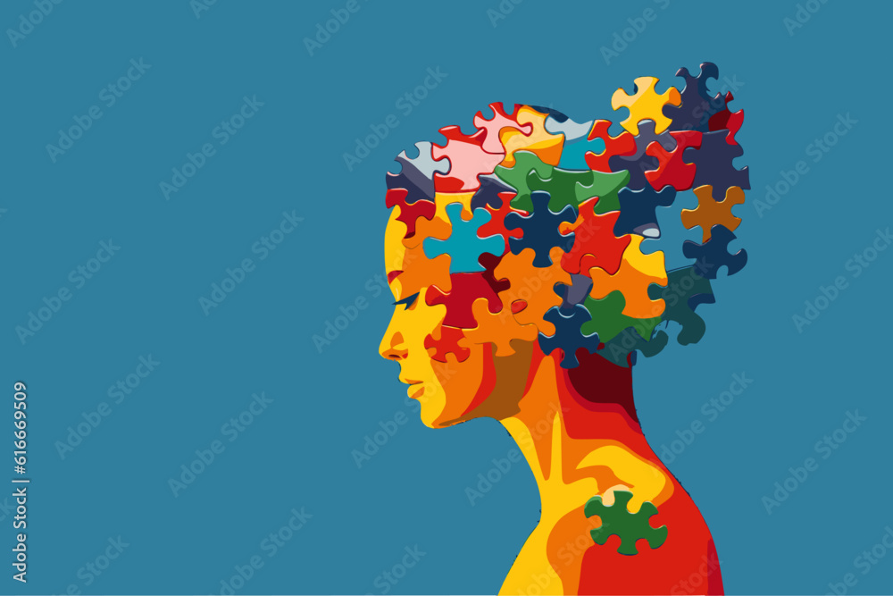 Vetor de woman with a puzzle brain. Concept for neurodiversity ...