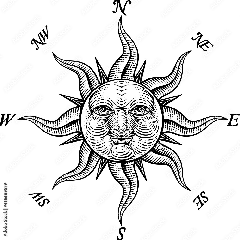 Compass Sun Face Etching Rose Woodcut Drawing Stock Illustration ...