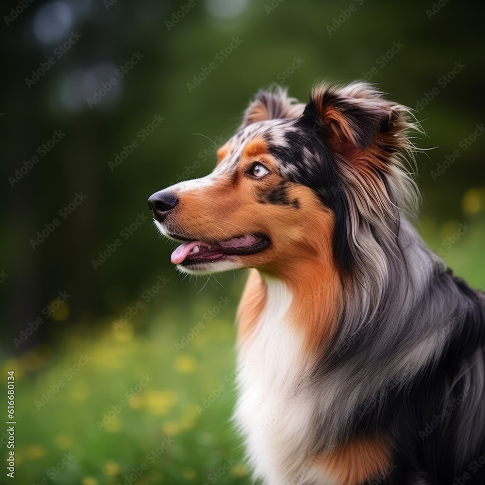 Profile portrait of a Australian Shepherd dog in the nature. Australian ...