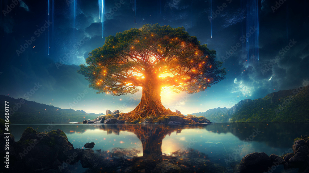 Glowing Symbol of Life World Tree Of Viking Mythology. Illuminated ...