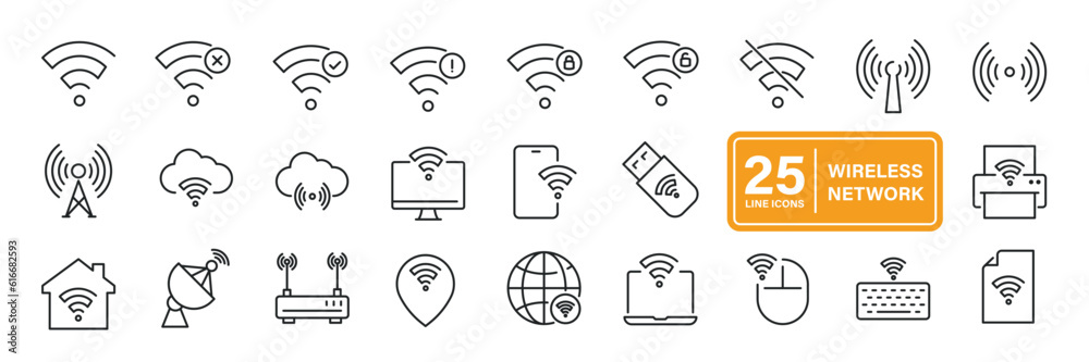 Wireless network line icons. Editable stroke. For website marketing ...