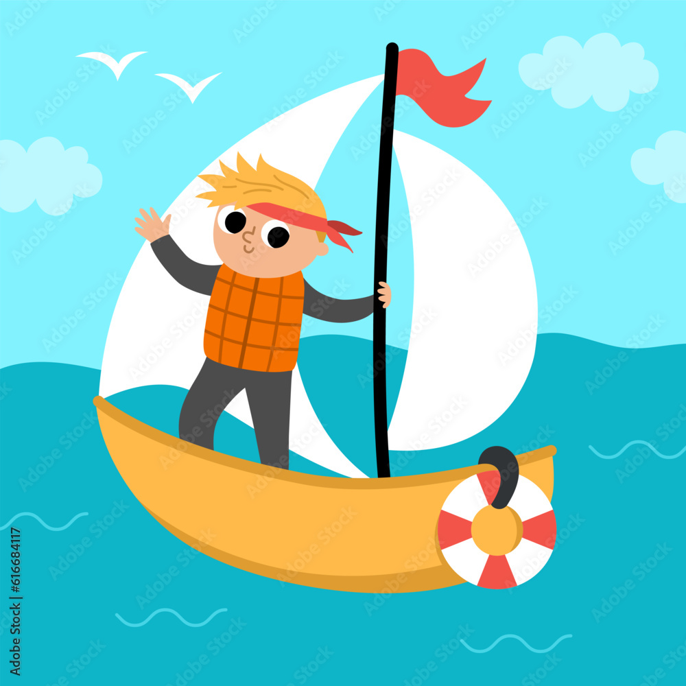 Vector square scene with boy sailing yacht. Transportation illustration ...