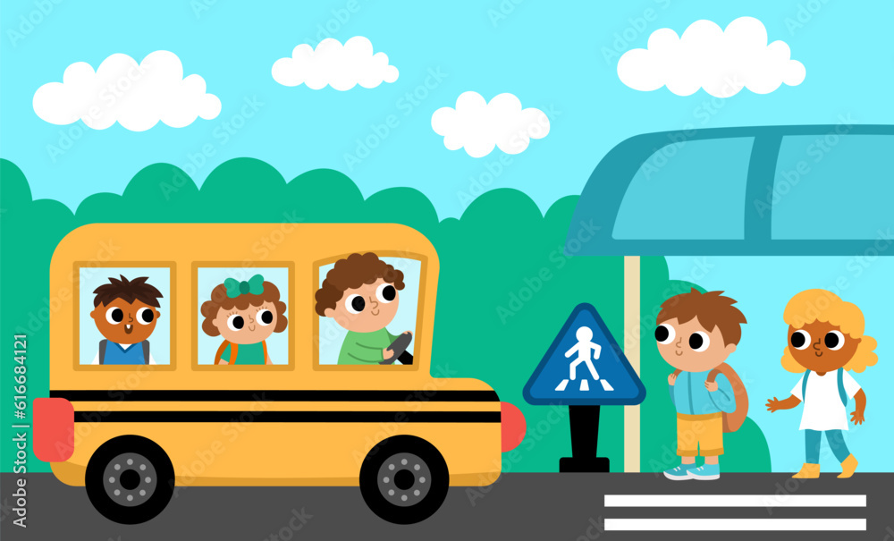 Vector horizontal scene with kids on a stop and arriving school bus ...