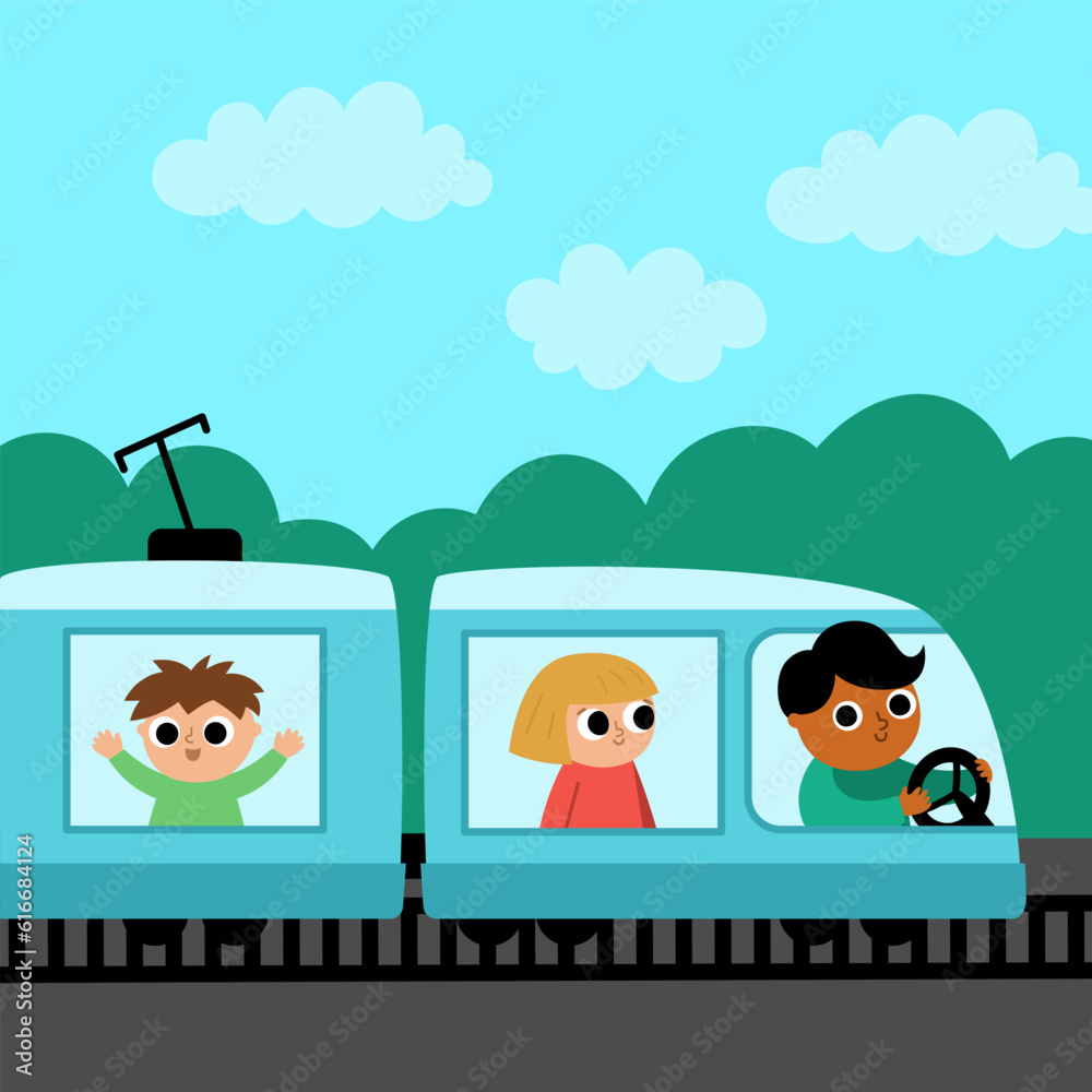 Vector square scene with man driving train and passengers. City or ...