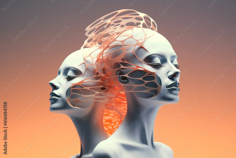 Cloning, twins, genetic biology science concept. Two female persona ...