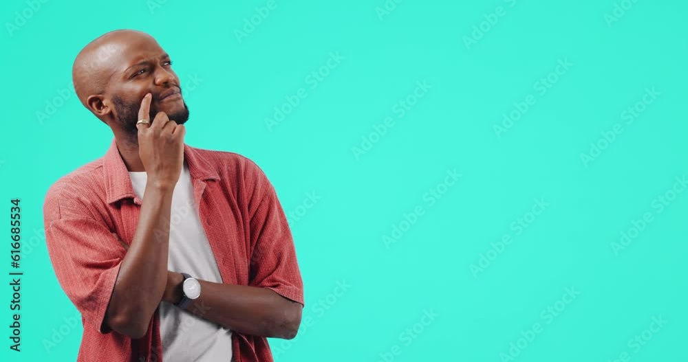 Thinking, ideas and man brainstorming, confused or decision emoji in ...