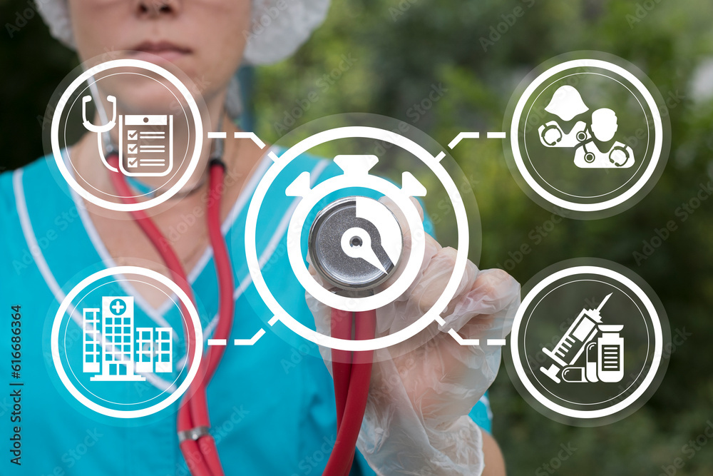 Doctor using virtual touchscreen and stethoscope touches icon ...
