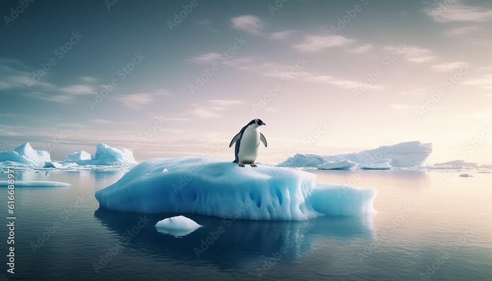Global Warming Concept with Penguin on a Stranded Melting Iceberg ...