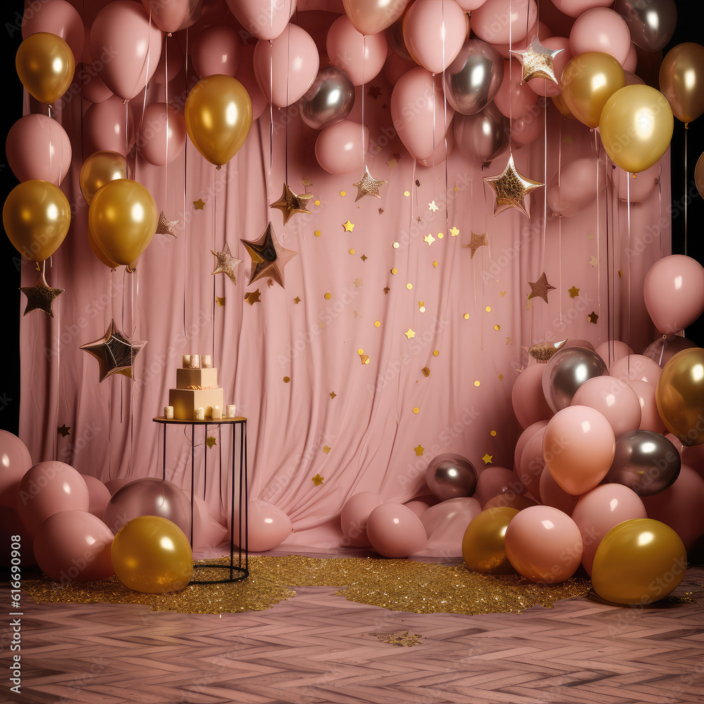 birthday party photo corner interior decoartion with pink, golden, and ...