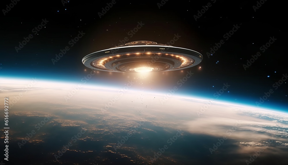 UFO approaching Earth from space, with a sense of mystery and intrigue. Alien encounter concept ...