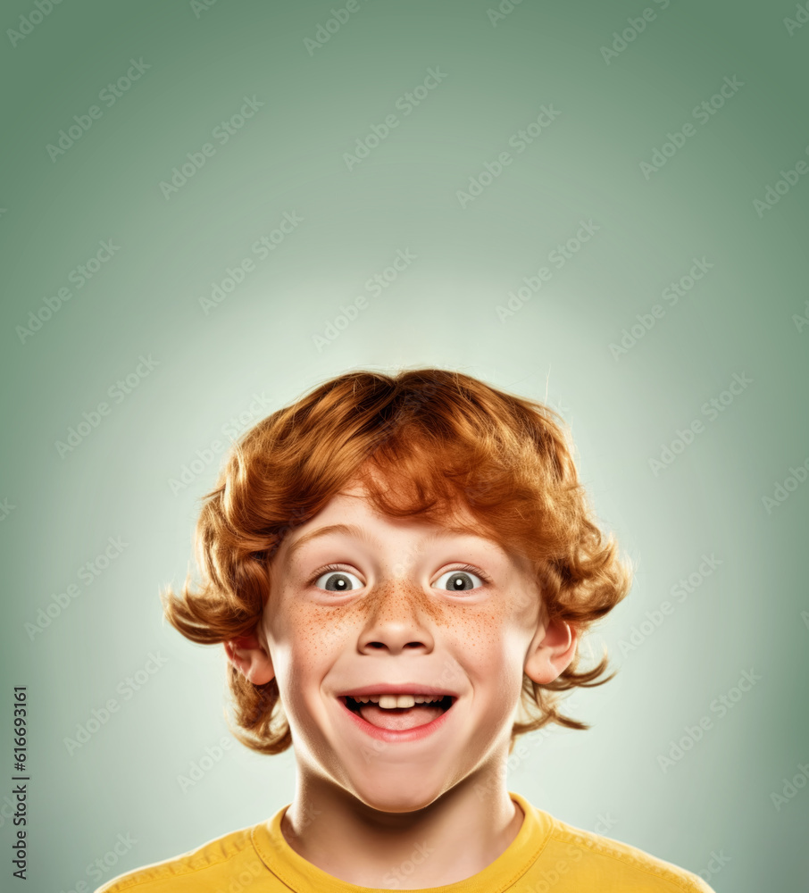 Small ginger red hair boy with freckles, smiling. He looks cute and ...