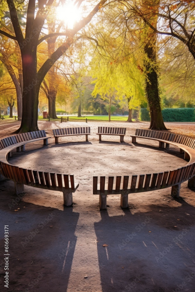 park benches arranged in a circle, promoting conversation and ...