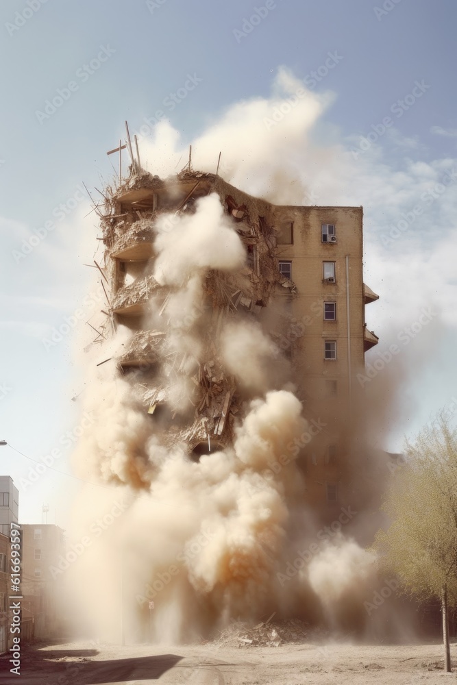 demolition of an old building with dust cloud, created with generative ...
