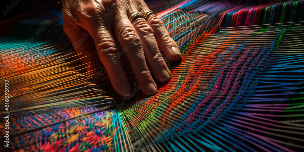Captivating close-up of a man's hands weaving vibrant tapestry ...