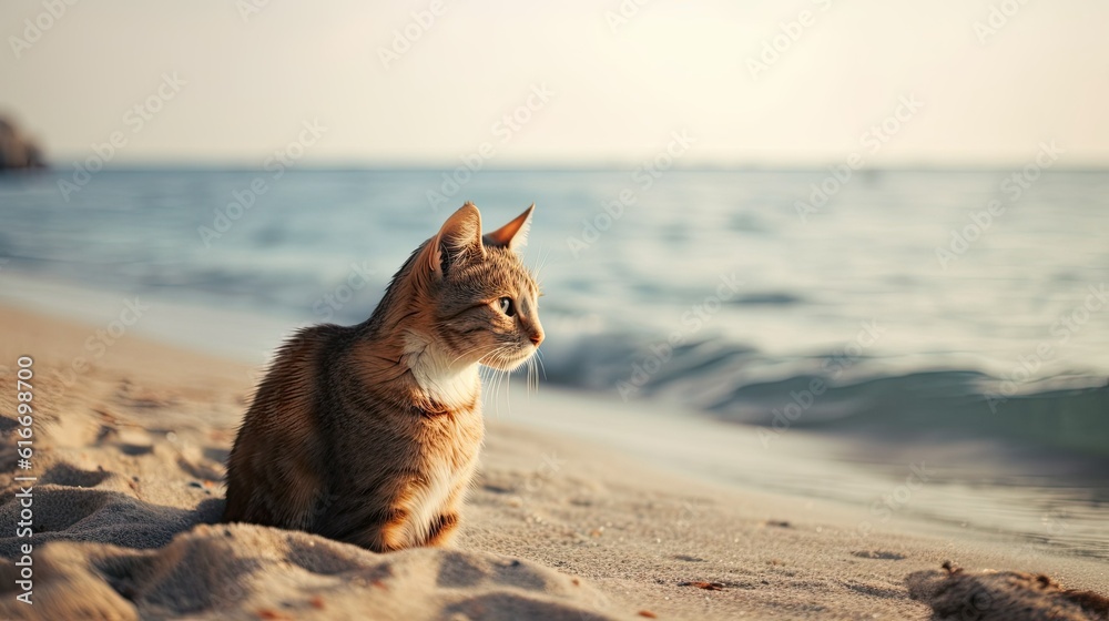 Cat on beach. Cute kitten sitting on sand of seashore. Concept of ...