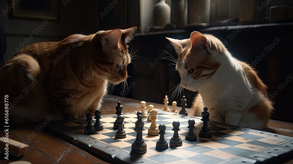 Cats play chess. Smart pets and board game. Fun concept of thinking, tactics and strategy ...