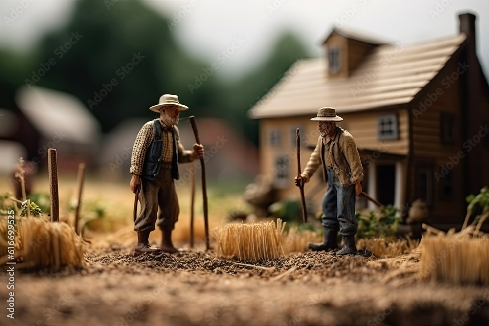 Miniature Farmer working in field. Village diorama. Toy farm in summer ...