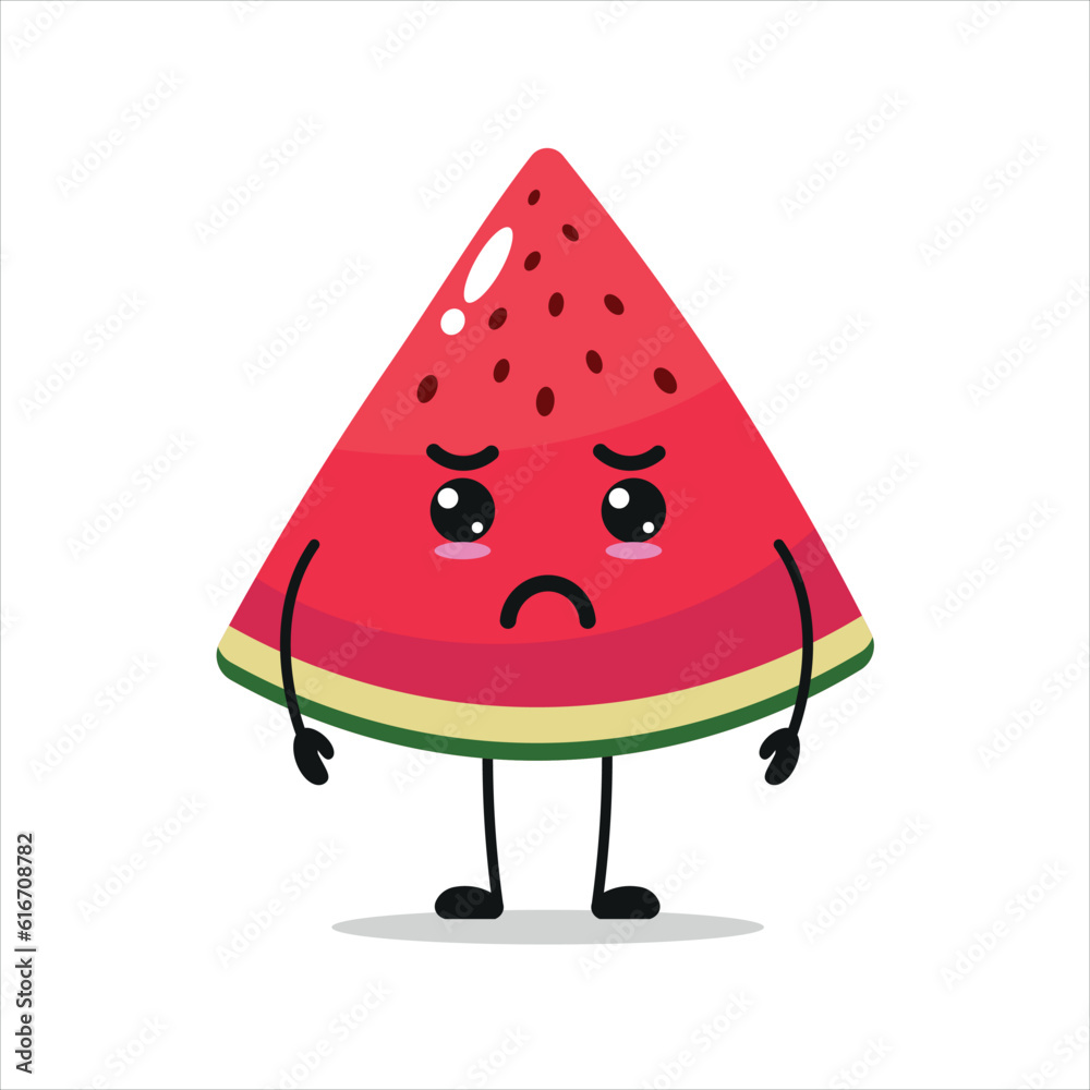 Vecteur Stock Cute sad slice watermelon character. Funny unhappy slice ...