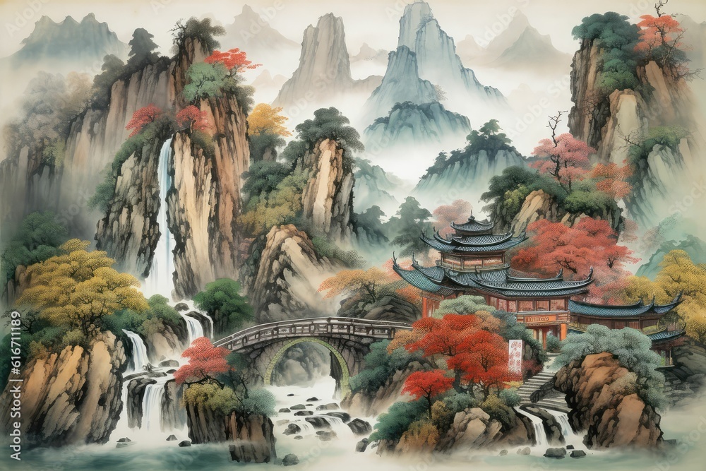 Chinese painting style landscape. asian traditional culture ...