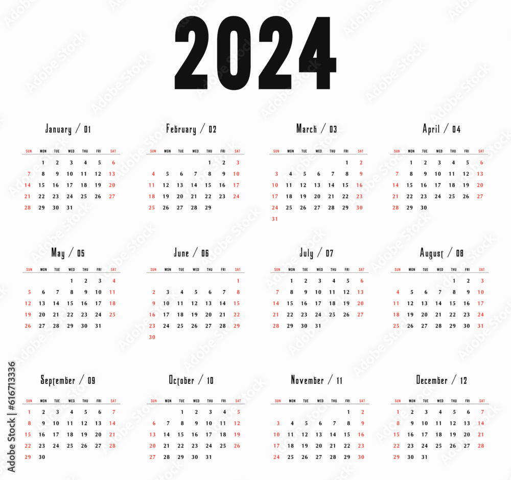 Modern New Yearly Calendar 2024. Single Calendar 2024 template vector ...