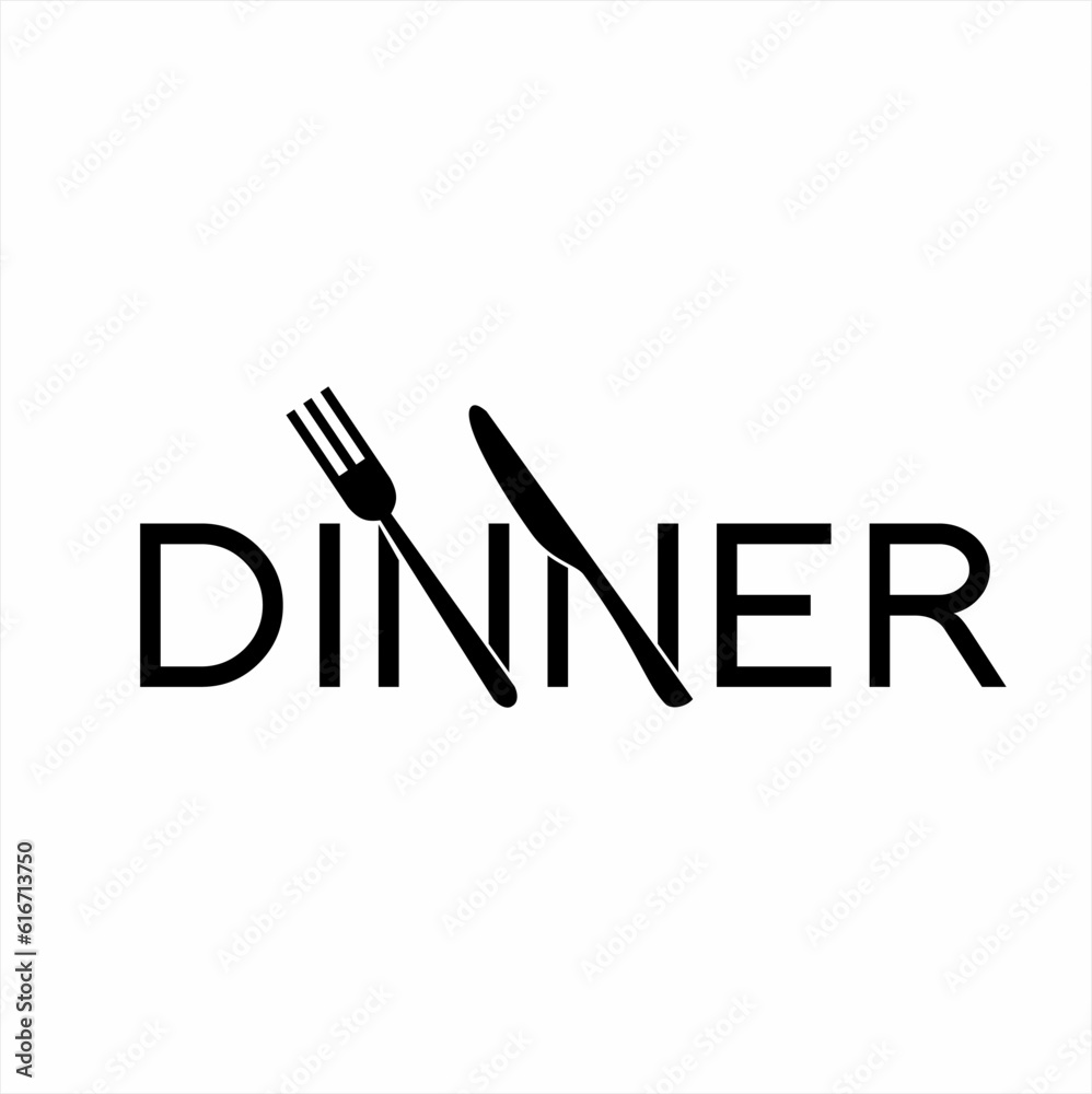 Vector illustration. Dinner word design with fork and knife symbol on ...