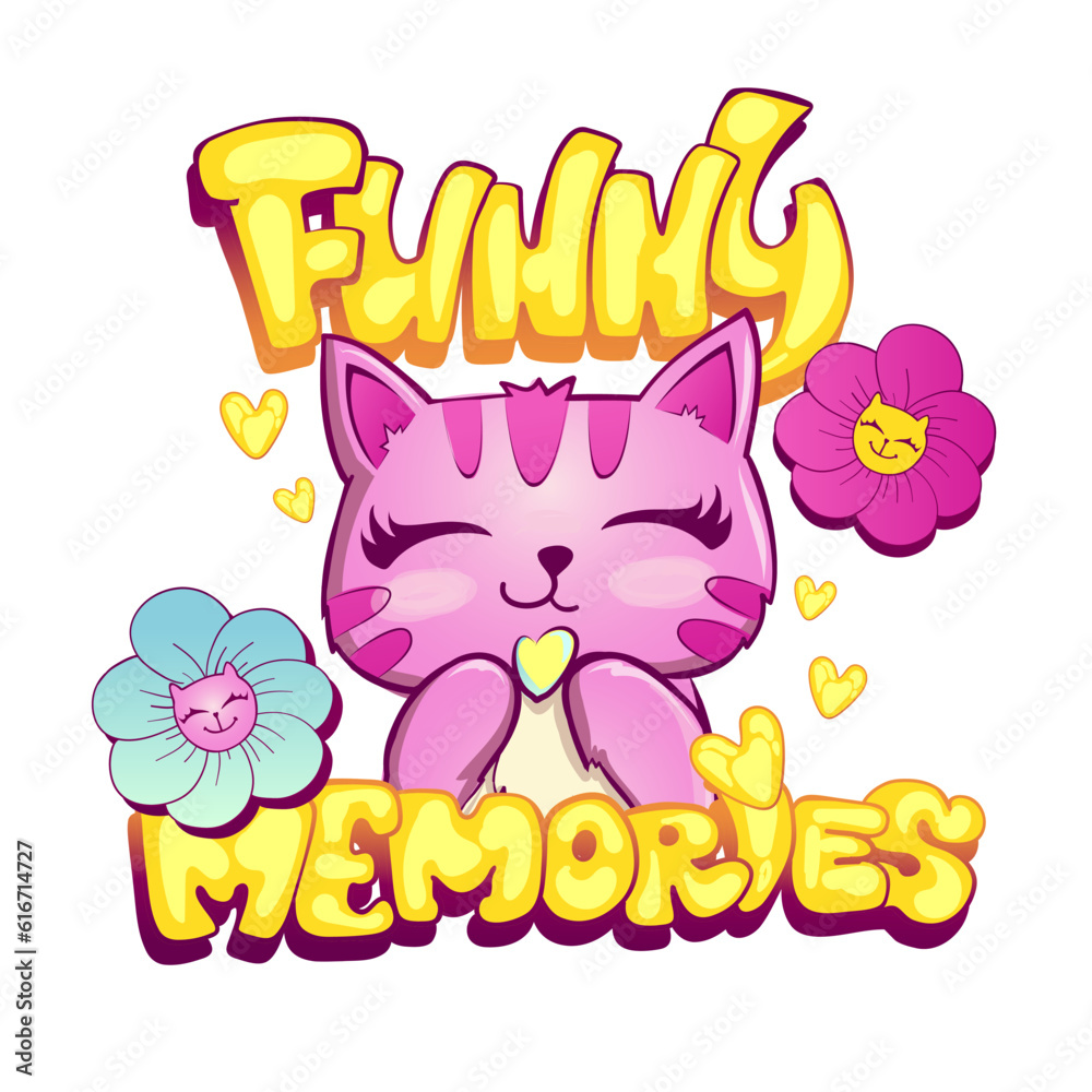 Funny memories. 70s store poster with flowers, lettering, cat cartoon ...