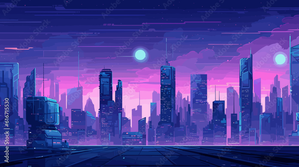 Futuristic vaporwave cyberpunk vector art with a city skyline at night ...