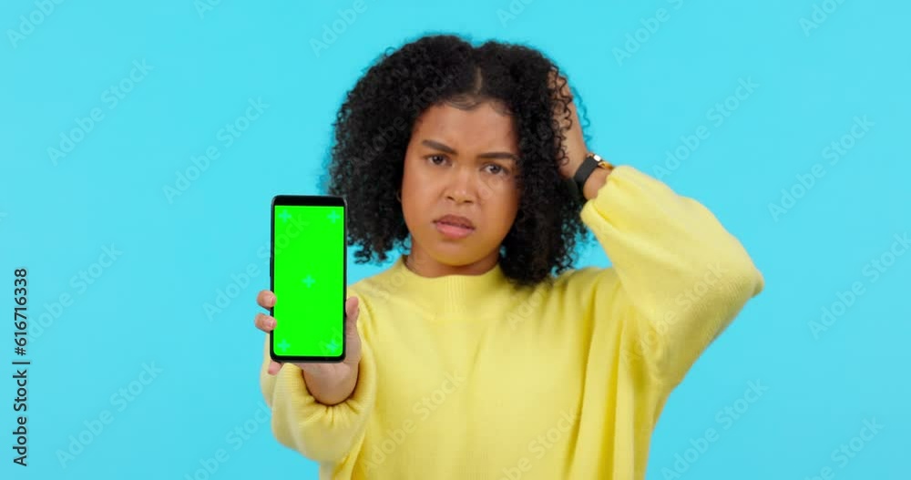 Woman, phone and angry in studio with glitch, error and green screen ...