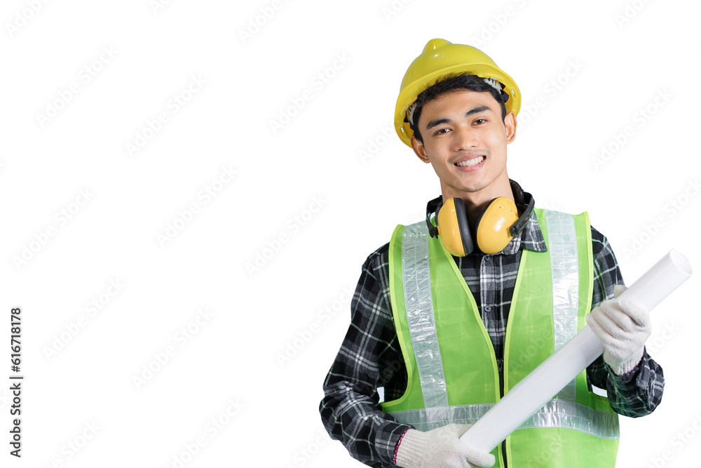 Asian young engineer wearing light green protective suit wearing a ...