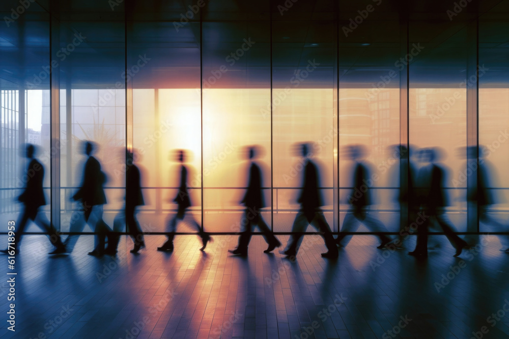 Silhouettes of group of people in business office with motion blur ...