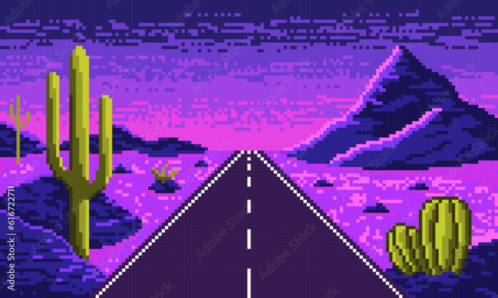 Neon pixel desert with straight highway background. Hot synthwave 8bit ...