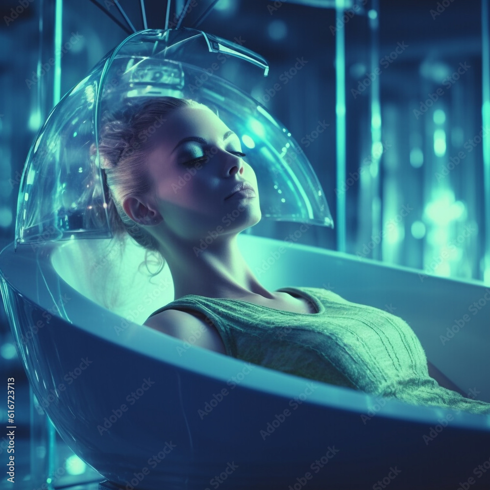 Futuristic illustration of young woman lying in a blue bathtub. Spa and ...